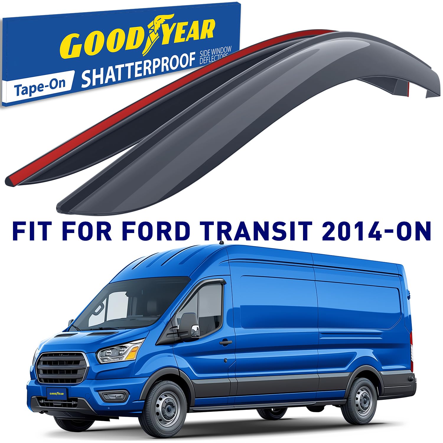 Goodyear Shatterproof Window Deflectors for Ford Transit 2014-2024, Tape-on Rain Guards, Window Visors, Vent Deflector,Vent Visor, Car Accessories, 2pcs - GY003242LP