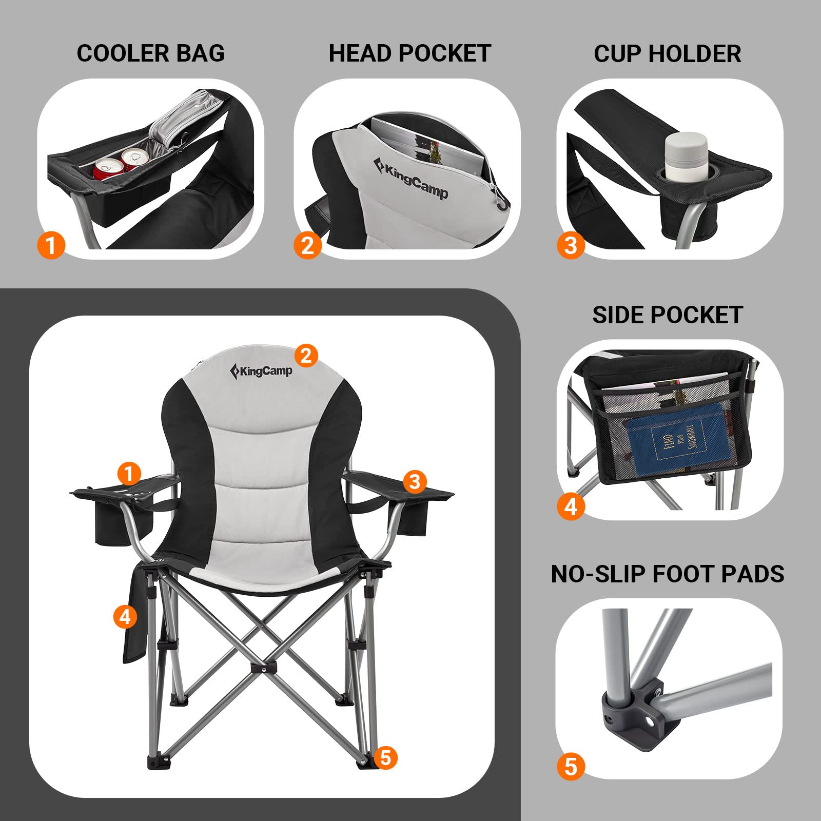 KingCamp KC2008_Black/MediumGrey-US Camping Chair, Oversized, Black&MediumGrey(Set of 2)