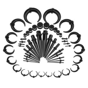 memsion ear stretching kit 54 pieces 14g-00g ear gauges expander set acrylic septum piercing kit crescent spiral buffalo tapers and plugs for women men black color