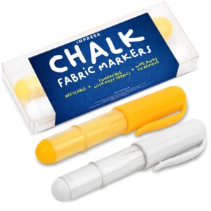 impresa [2 pack] fabric chalk markers for sewing & quilting-white & yellow sewing chalk for fabric for easy & consistent erasable marking - tailors chalk for fabric marking - refillable chalk pencils