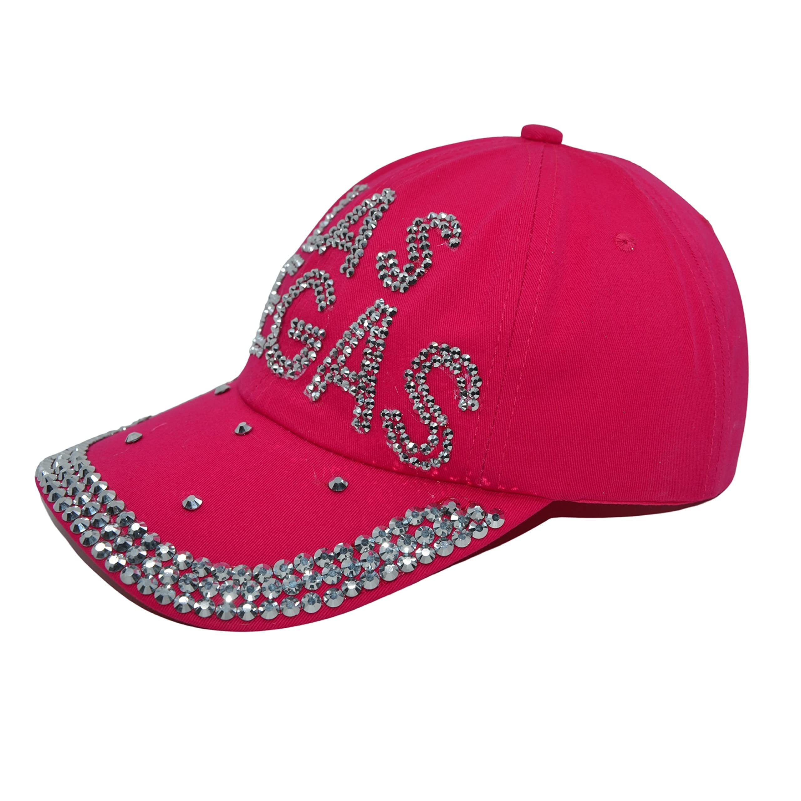 Popfizzy Bling Pink Las Vegas Hat for Women Rhinestone Hat, Bedazzled Baseball Caps, Distressed Hat, Fancy Bejeweled Hats, Sparkle Studded Ball Caps