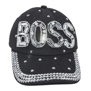 popfizzy bling boss baseball cap for women rhinestone hat, distressed baseball caps, denim ball caps (boss (black))