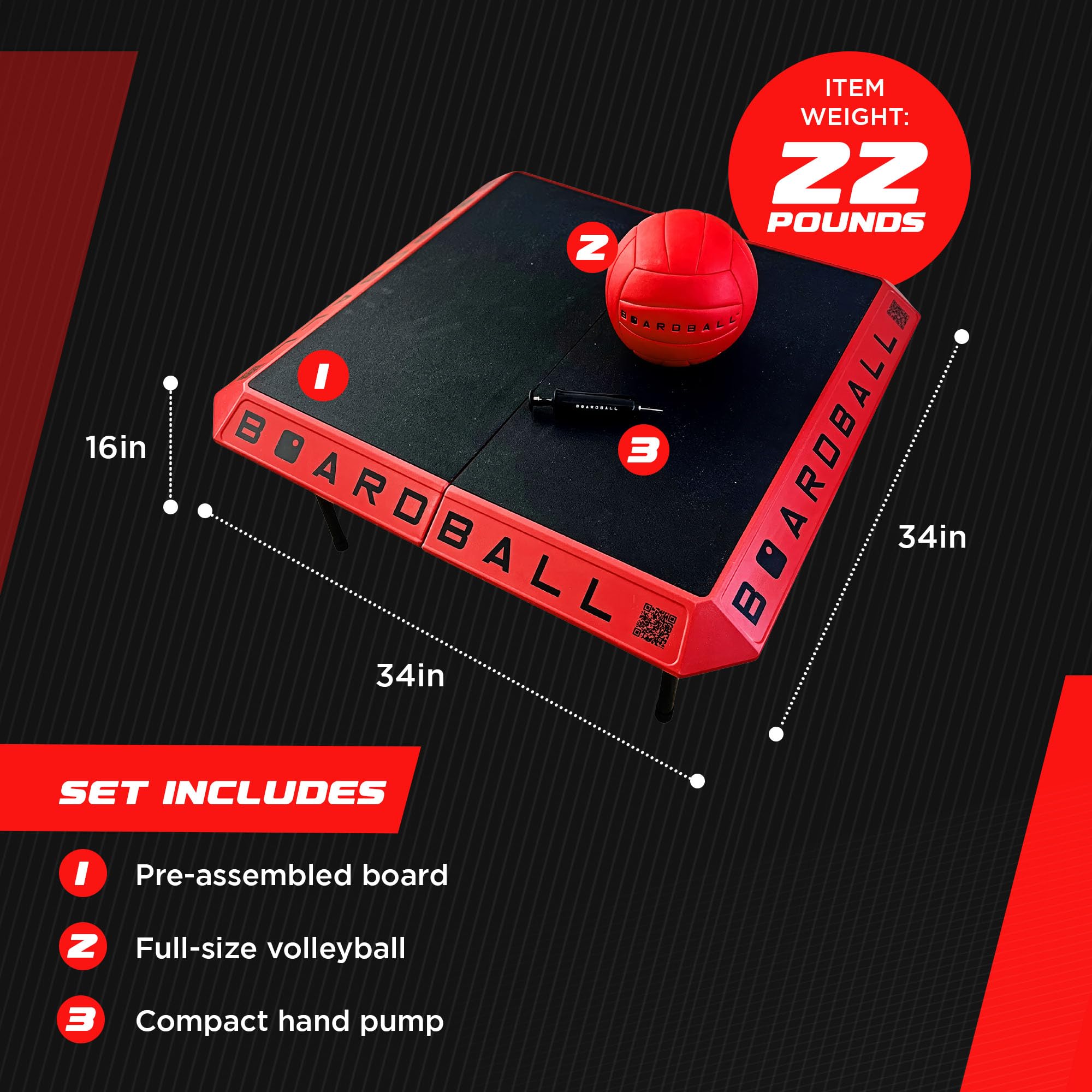 Boardball Sport Portable Foldable Indoor Outdoor Boardball Game Set with Rubberized Top Surface Board, Volleyball, and Hand Pump, Red and Black