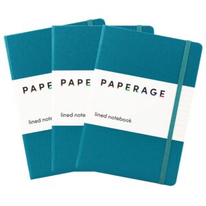 paperage lined journal notebooks, 3 pack, (turquoise), 160 pages, medium 5.7 inches x 8 inches - 100 gsm thick paper, hardcover