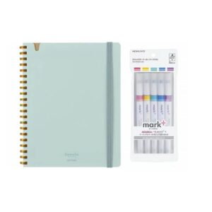 kokuyo. soft ring notebook sooofa a5 4mm grid 80 sheets light blue and mark⁺ two way color marker 5-pack(pink,blue,green,purple, and yellow) set