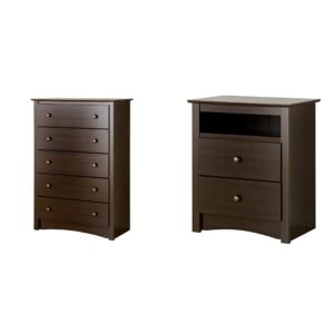 prepac fremont 5-drawer chest and 2 drawer nightstand, espresso finish