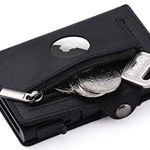 TNE Airtag Wallet (Airtag not Included) Genuine Leather Credit Card Money Holder Automatic Pop Up Mini Aluminum Wallet with Zipper Coin Pocket | Airtag Case Men or Women Air Tag Cover (Black)