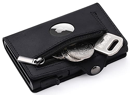 TNE Airtag Wallet (Airtag not Included) Genuine Leather Credit Card Money Holder Automatic Pop Up Mini Aluminum Wallet with Zipper Coin Pocket | Airtag Case Men or Women Air Tag Cover (Black)