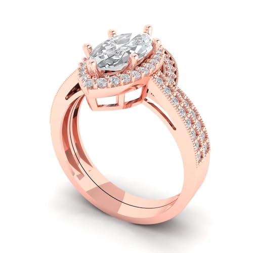 Clara Pucci 2.26ct Marquise Round Cut Laser Engraving Pave Halo White Sapphire Designer Statement Ring Band Set 18K Rose Gold Size 10