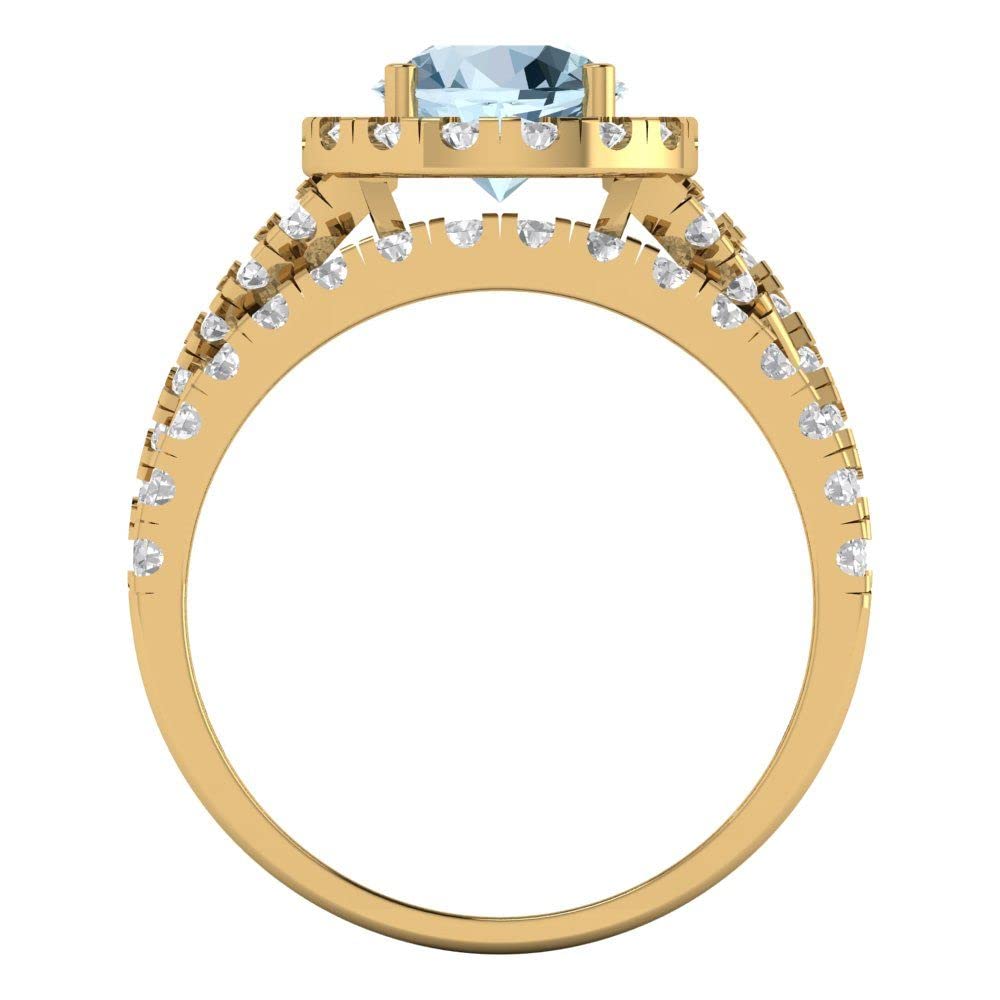 Clara Pucci 2.40ct Round Cut Laser Engraving Halo Natural Sky Blue Topaz Engagement Bridal Wedding Ring Band set 18K Yellow Gold Size 6