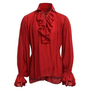 stoota_clothes men's gothic renaissance ruffle front pirate shirt no belt, vintage medieval bandage long sleeve cosplay clothing red, xx-large