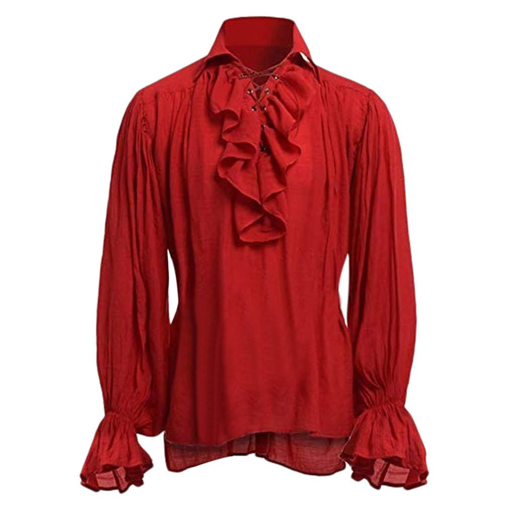 Stoota_Clothes Men's Gothic Renaissance Ruffle Front Pirate Shirt NO Belt, Vintage Medieval Bandage Long Sleeve Cosplay Clothing Red, XX-Large