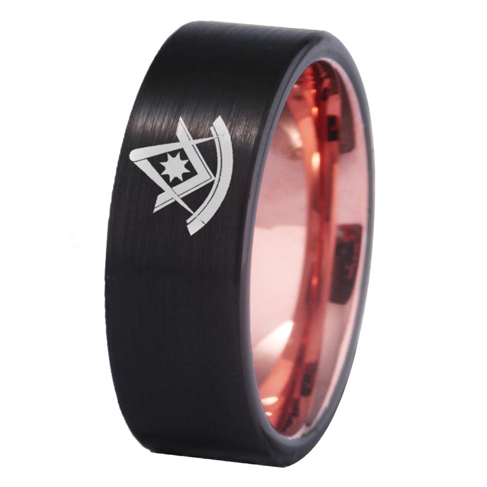 CLOUD DANCER Mason Past Master Symbol Design Rings 8mm Black Pipe Brushed and Rose Gold Tone Tungsten Carbide Wedding Ring-Free Customize Engraving (14.5)