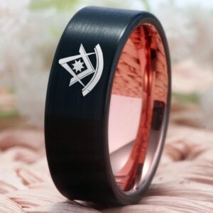 CLOUD DANCER Mason Past Master Symbol Design Rings 8mm Black Pipe Brushed and Rose Gold Tone Tungsten Carbide Wedding Ring-Free Customize Engraving (14.5)