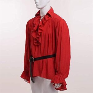 Stoota_Clothes Men's Gothic Renaissance Ruffle Front Pirate Shirt NO Belt, Vintage Medieval Bandage Long Sleeve Cosplay Clothing Red, XX-Large