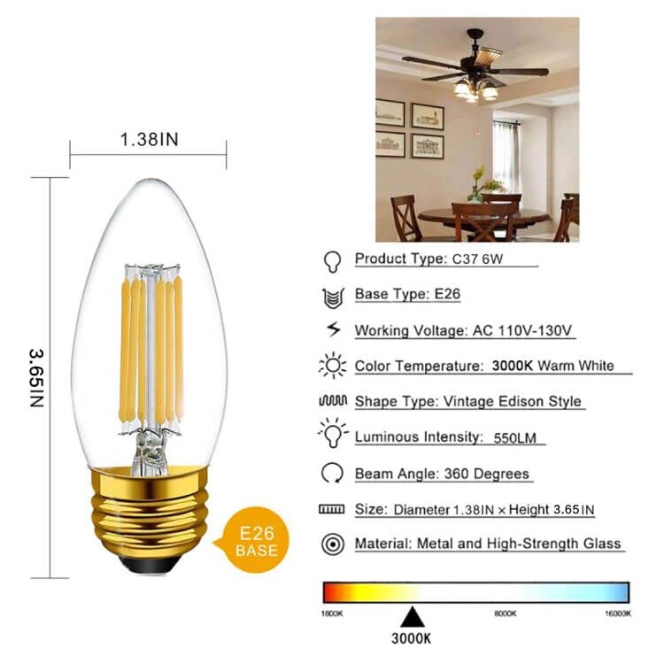 VCTC Lighting Dimmable 6W Vintage Edison E26 Candelabra LED Bulbs 3000K Warm White,C37 LED Filament Candle Bulbs 60W Equivalent, 550 Lumens, Pack of 6