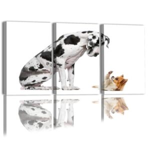 3 piece wall art painting on canvas great dane sitting and looking at a chihuahua in front of a white gallery wrapped modern artwork for living room bedroom décor ready to hang 20"x32"x3 panel