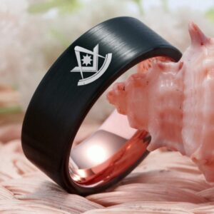 CLOUD DANCER Mason Past Master Symbol Design Rings 8mm Black Pipe Brushed and Rose Gold Tone Tungsten Carbide Wedding Ring-Free Customize Engraving (14.5)