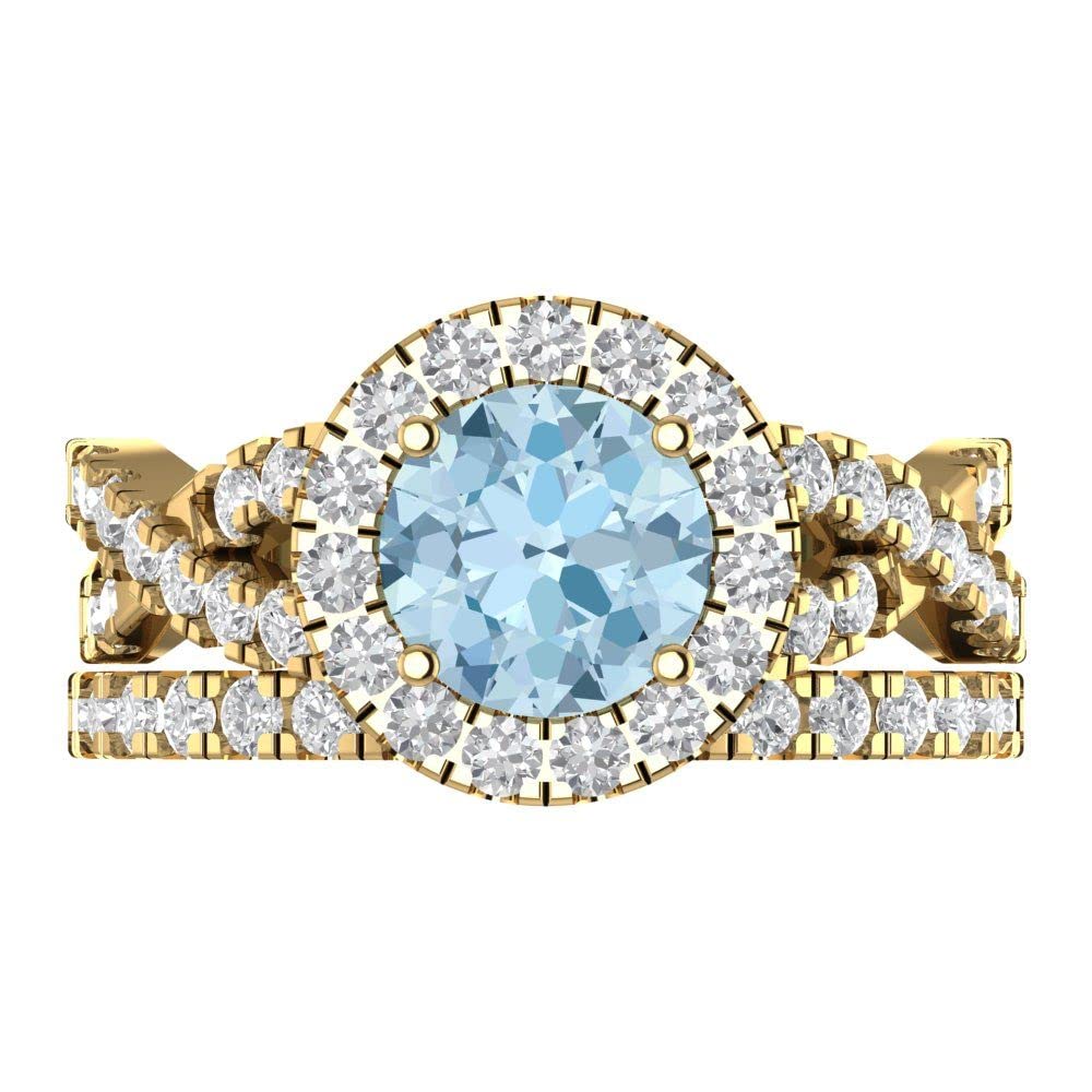 Clara Pucci 2.40ct Round Cut Laser Engraving Halo Natural Sky Blue Topaz Engagement Bridal Wedding Ring Band set 18K Yellow Gold Size 6