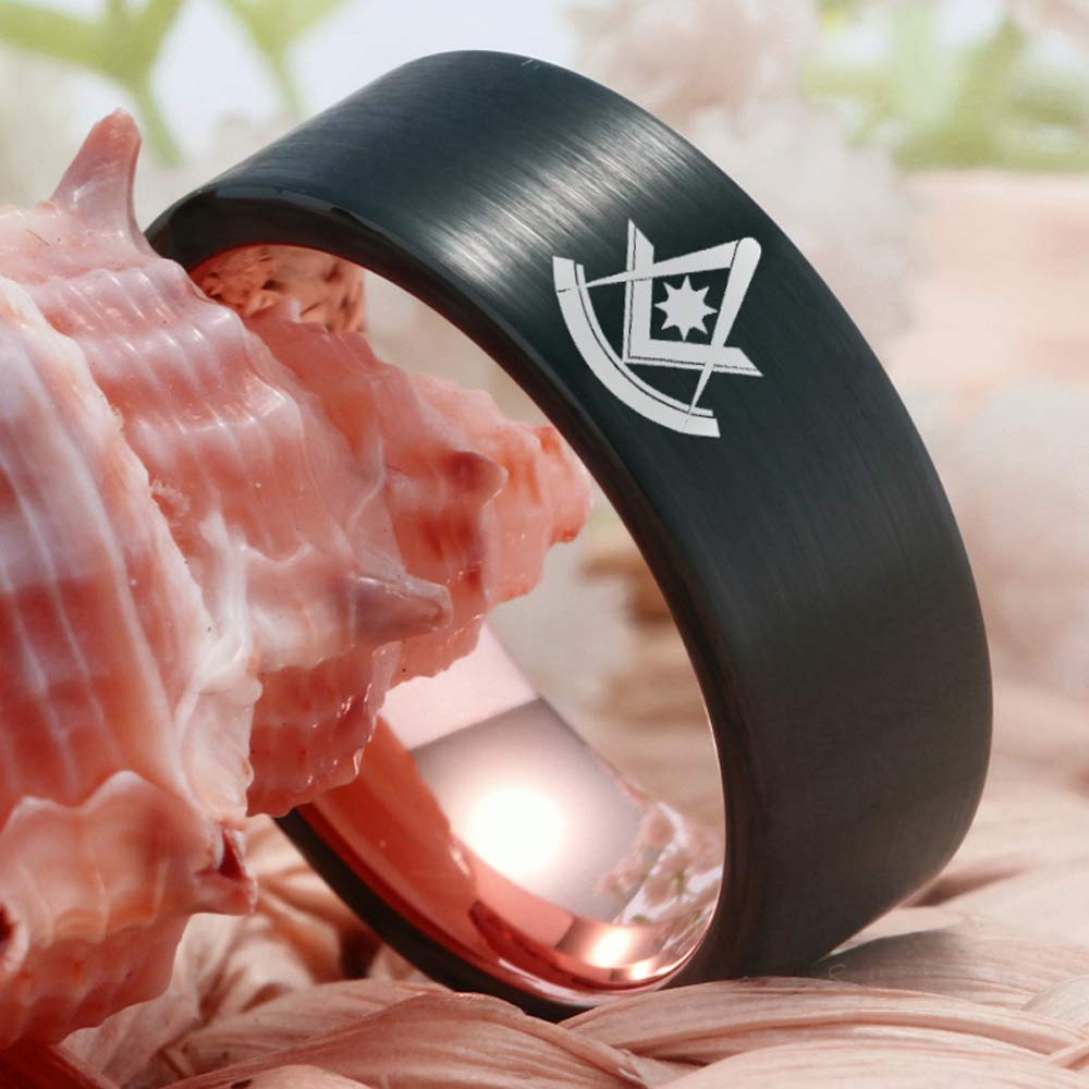 CLOUD DANCER Mason Past Master Symbol Design Rings 8mm Black Pipe Brushed and Rose Gold Tone Tungsten Carbide Wedding Ring-Free Customize Engraving (14.5)