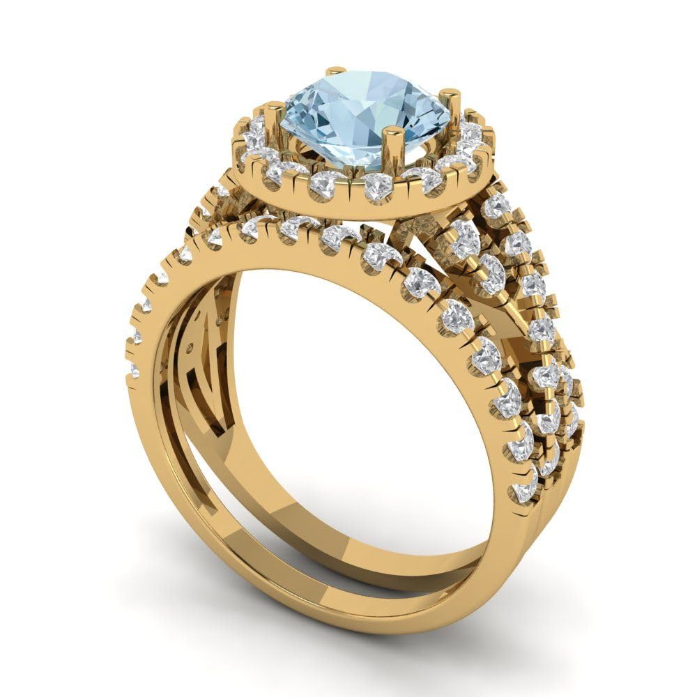 Clara Pucci 2.40ct Round Cut Laser Engraving Halo Natural Sky Blue Topaz Engagement Bridal Wedding Ring Band set 18K Yellow Gold Size 6