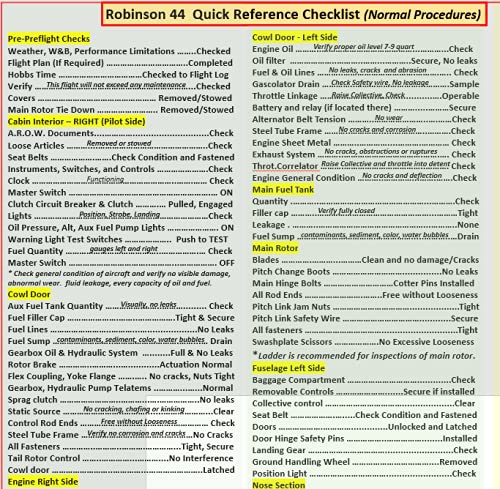 Robinson 44 Helicopter Quick Reference Checklist