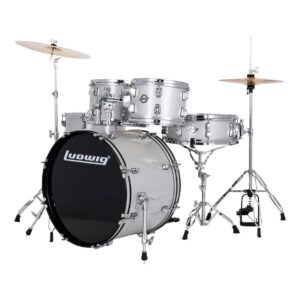 Ludwig Accent 5-piece Complete Drum Set with 20 inch Bass Drum and Wuhan Cymbals - Silver Sparkle