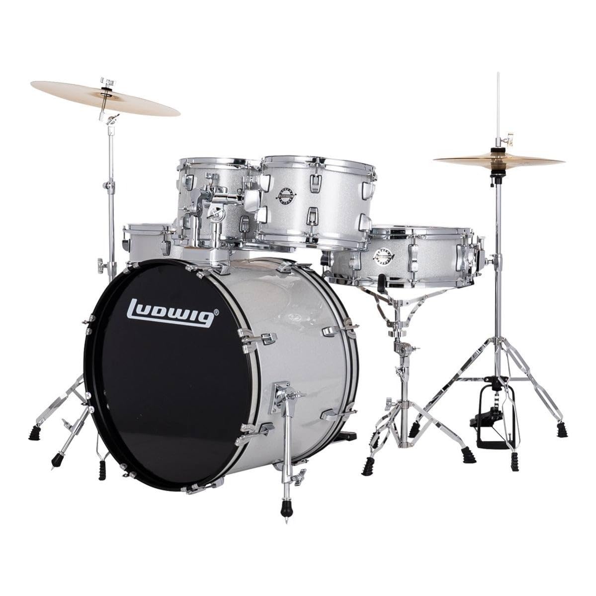 Ludwig Accent 5-piece Complete Drum Set with 20 inch Bass Drum and Wuhan Cymbals - Silver Sparkle