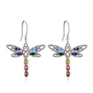 poplyke dragonfly dangle earrings for women sterling silver celtic knot dragonfly 7 chakra irish jewelery gifts(dragonfly 7 chakra earrings)