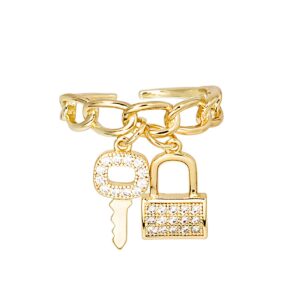 gangyun open zircon crystal lock key padlock cuff finger rings for women adjustable punk infinty chain rings jewelry (gold)