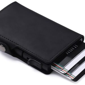 TNE Airtag Wallet (Airtag not Included) Genuine Leather Credit Card Money Holder Automatic Pop Up Mini Aluminum Wallet with Zipper Coin Pocket | Airtag Case Men or Women Air Tag Cover (Black)