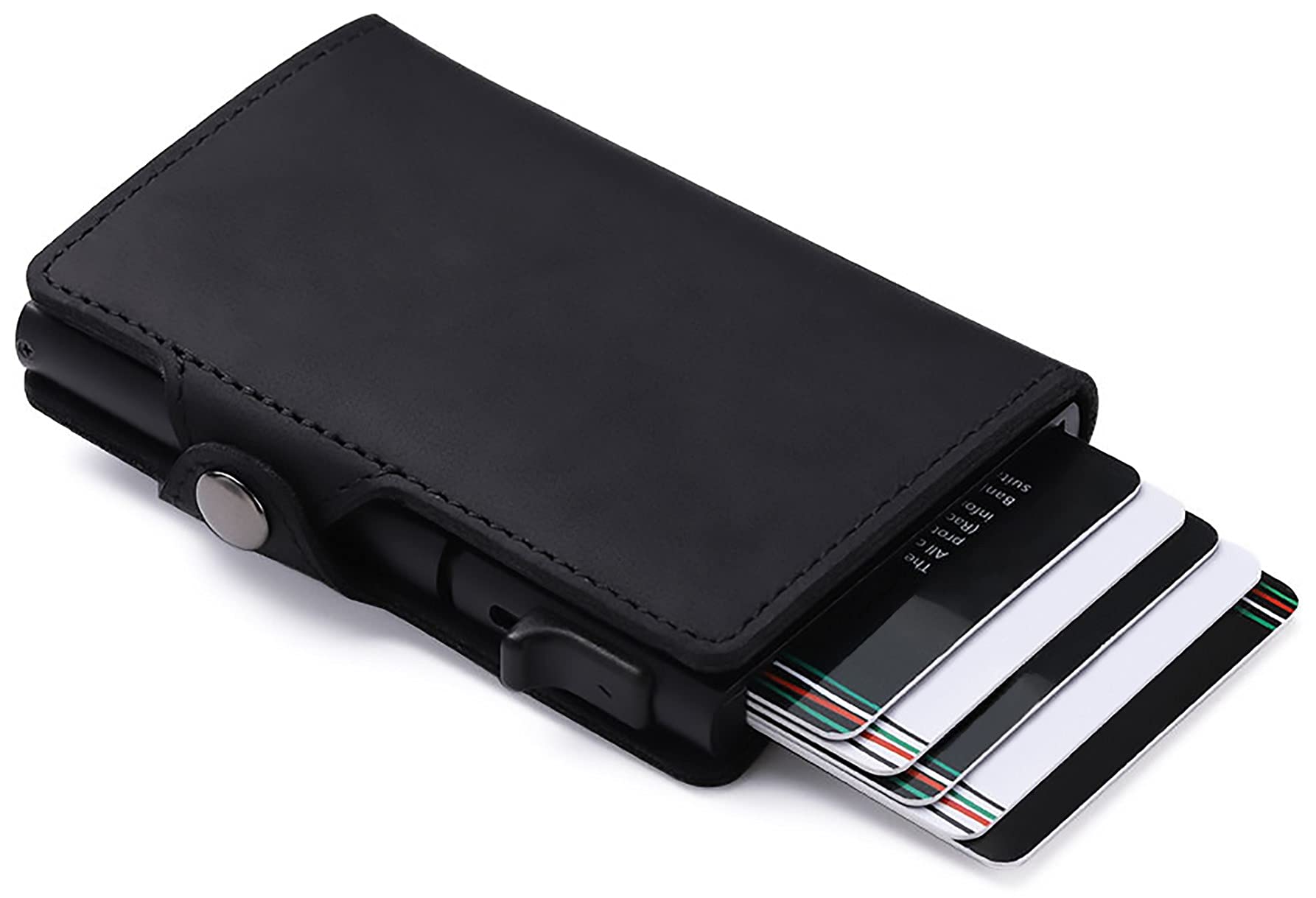 TNE Airtag Wallet (Airtag not Included) Genuine Leather Credit Card Money Holder Automatic Pop Up Mini Aluminum Wallet with Zipper Coin Pocket | Airtag Case Men or Women Air Tag Cover (Black)