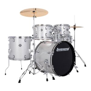 ludwig accent 5-piece complete drum set with 20 inch bass drum and wuhan cymbals - silver sparkle