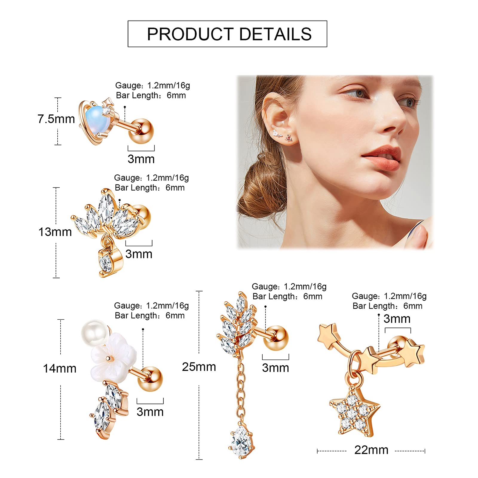 JOERICA 9Pcs Cartilage Earrings for Women 16G 316L Stainless Steel Gold Plated CZ Dangle Conch Helix Tragus Cartilage Stud Ear Piercing Jewelry