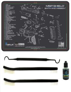 edog usa compatible for smith & wesso m&p shield - 5 pc schematic (exploded view) pistol cleaning padded gun-work surface protector mat solvent & oil resistant & 3 pc cleaning essentials & clenzoil