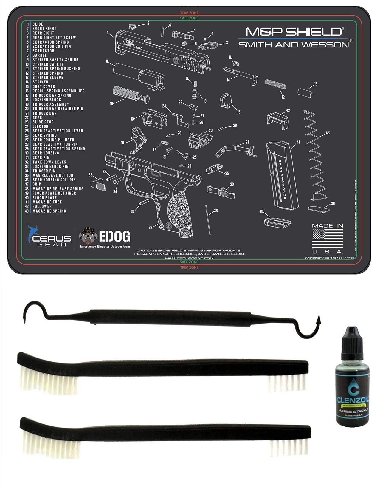 EDOG USA Compatible for Smith & Wesso M&P Shield - 5 PC Schematic (Exploded View) Pistol Cleaning Padded Gun-Work Surface Protector Mat Solvent & Oil Resistant & 3 PC Cleaning Essentials & Clenzoil