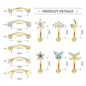 JOERICA 12Pcs 16G Rook Daith Earrings for Women Stainless Steel Eyebrow Piercing Jewelry Curved Barbell Short Belly Lip Rings 6mm 8mm