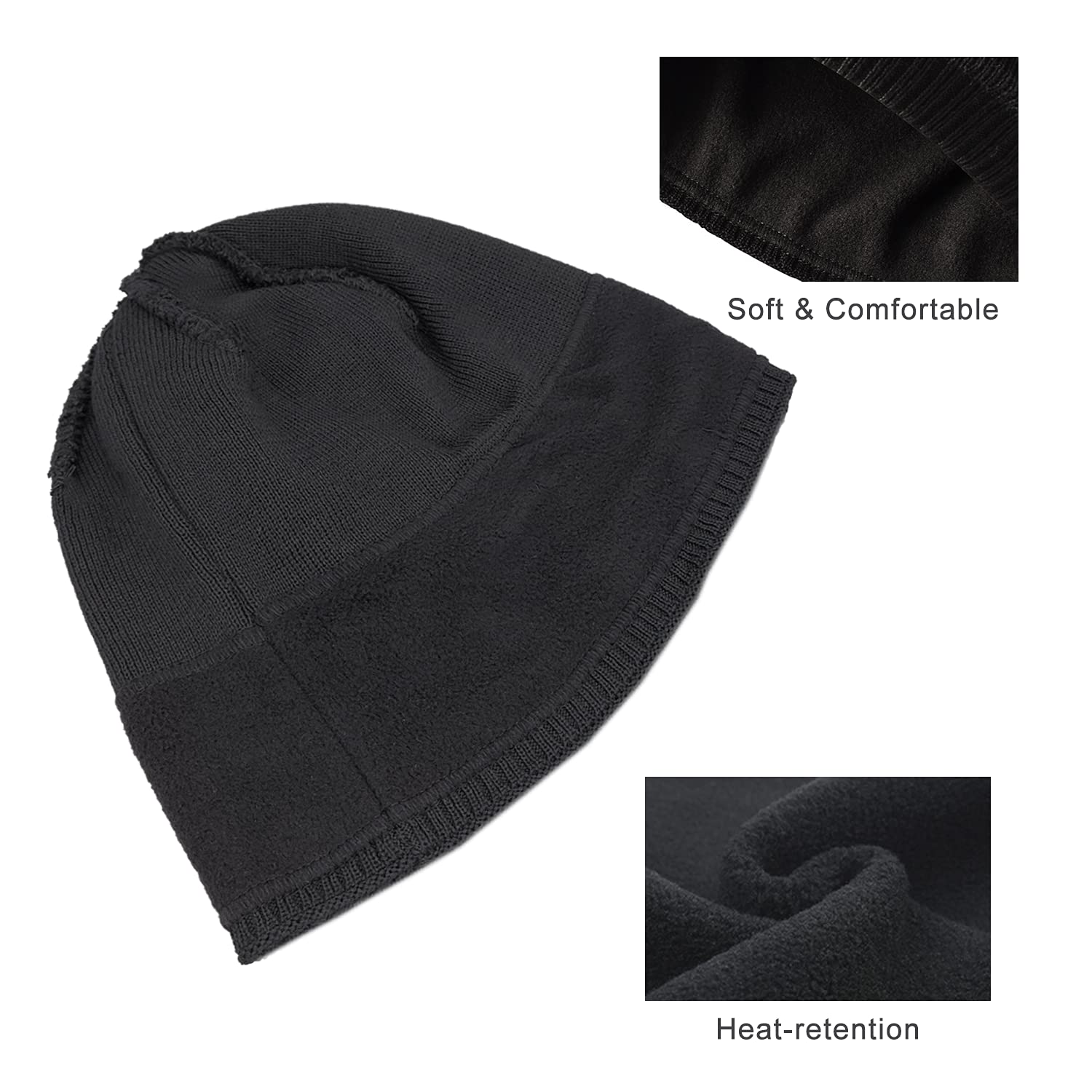 Fleece Hats for Men Windproof Stretchy Winter Knit Beanie Caps Outdoors Skiing Running Black