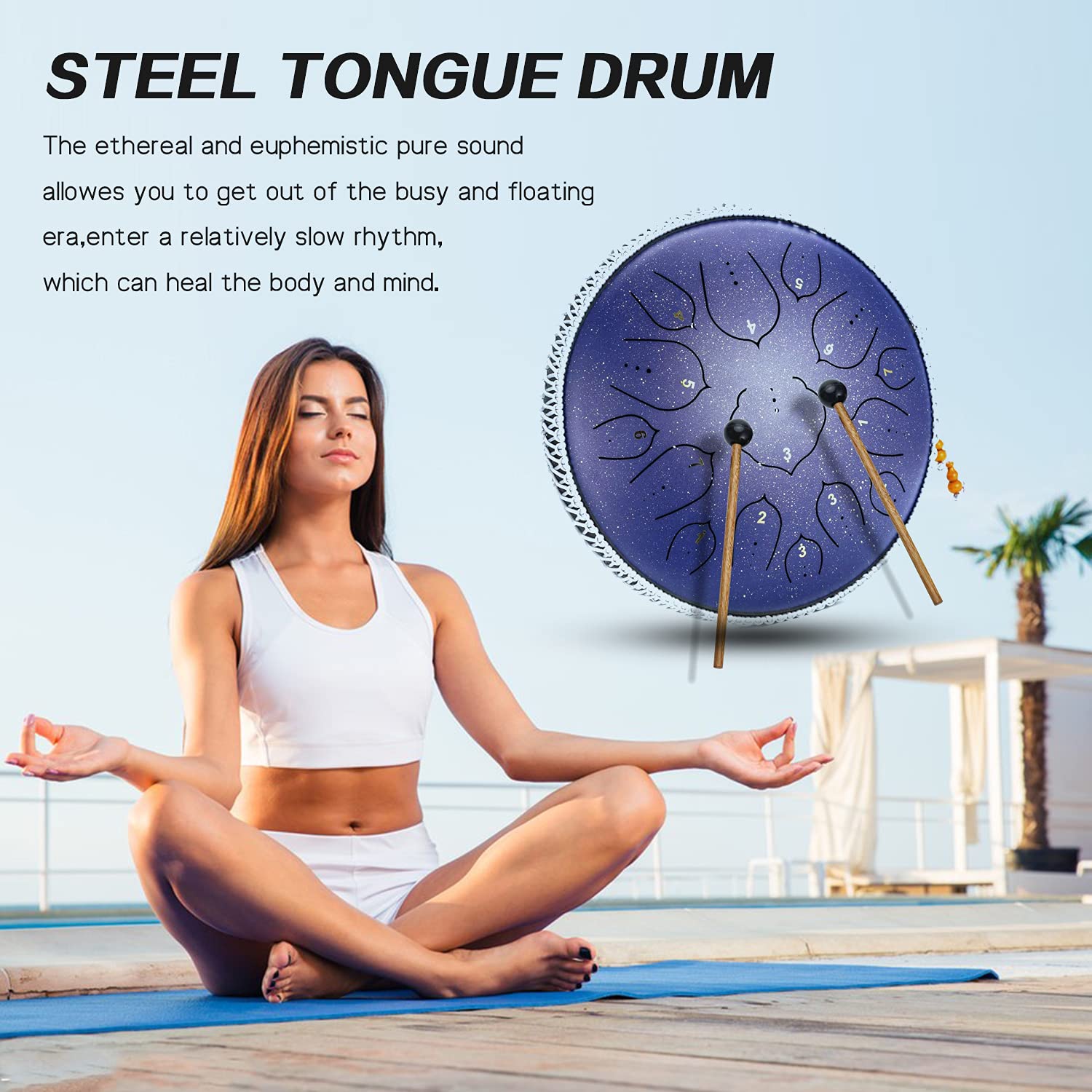 Steel Tongue Drum, 15 Notes 14 inch D-Key Handpan Percussion Instrument - Tank Chakra Drums with Padded Travel Bag, 2 Mallets, for Meditation, Decompression, Music and Gift (Blue)