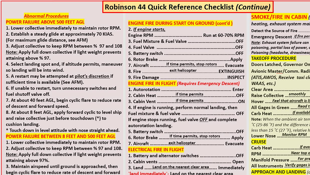 Robinson 44 Helicopter Quick Reference Checklist