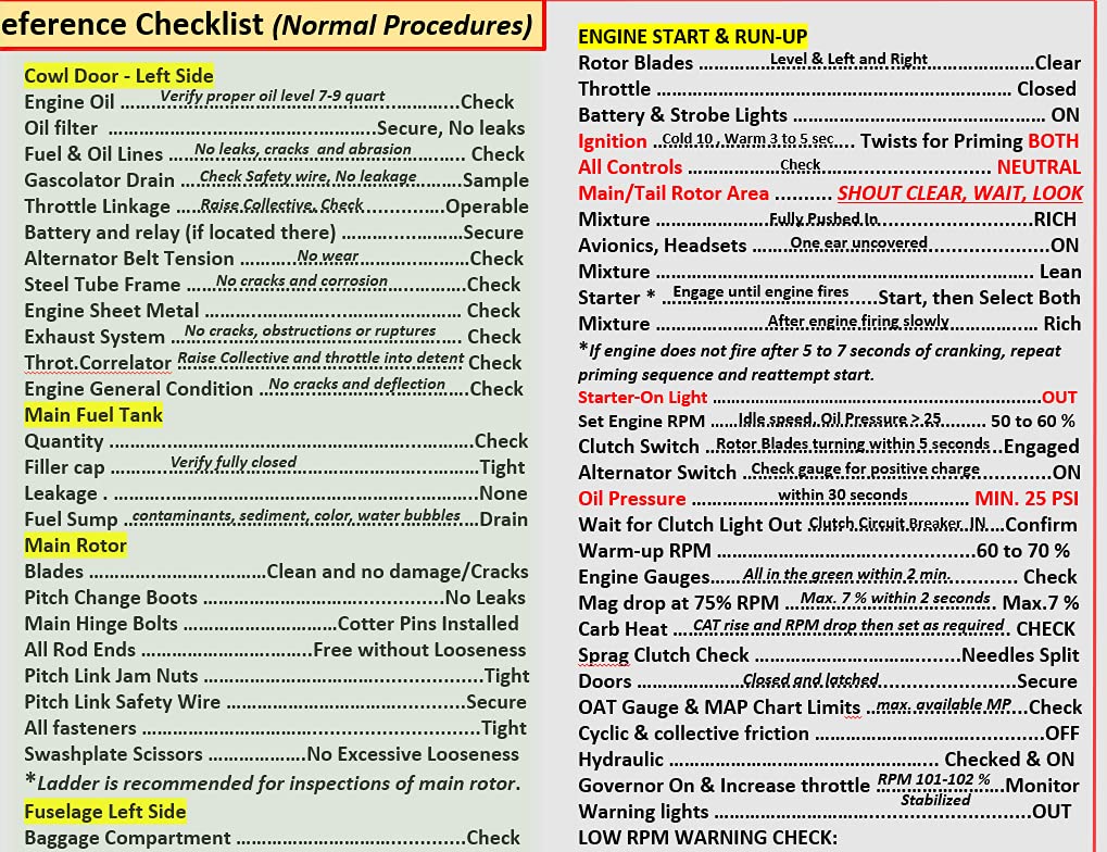 Robinson 44 Helicopter Quick Reference Checklist