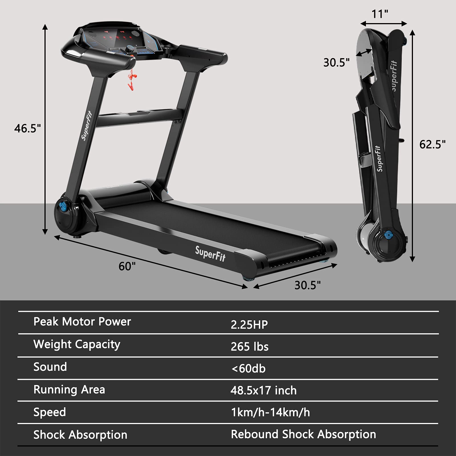 GYMAX Folding Treadmill, 2.25HP Electric Motorized Running Machine with Smart App Control, LED Touch Monitor, Heart Rate Sensor, Home Gym Cardio Training Equipment