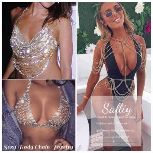 Salliy Boho Body Chain Bra Gold Sexy Rhinestone Bikini Bra Body Halter Backless Sequins Chain Bra Beach Body Accessories Jewelry for Women (Blue Bra)