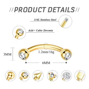 JOERICA 12Pcs 16G Rook Daith Earrings for Women Stainless Steel Eyebrow Piercing Jewelry Curved Barbell Short Belly Lip Rings 6mm 8mm