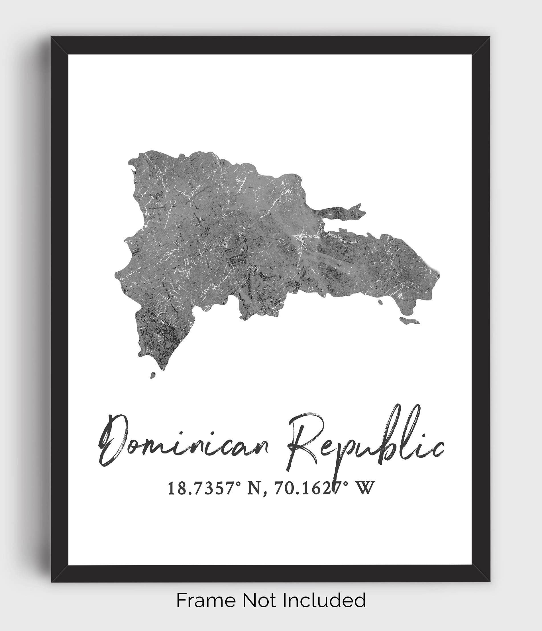 Dominican Republic Map Wall Art Print - 8x10 Silhouette Decor Print with Coordinates. Makes a Great DR-Themed Gift. Shades of Grey, Black & White.