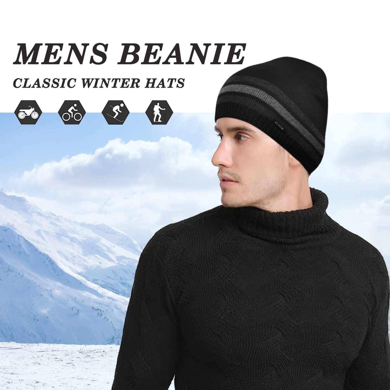 Fleece Hats for Men Windproof Stretchy Winter Knit Beanie Caps Outdoors Skiing Running Black