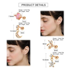 JOERICA 9Pcs Cartilage Earrings for Women 16G 316L Stainless Steel Gold Plated CZ Dangle Conch Helix Tragus Cartilage Stud Ear Piercing Jewelry