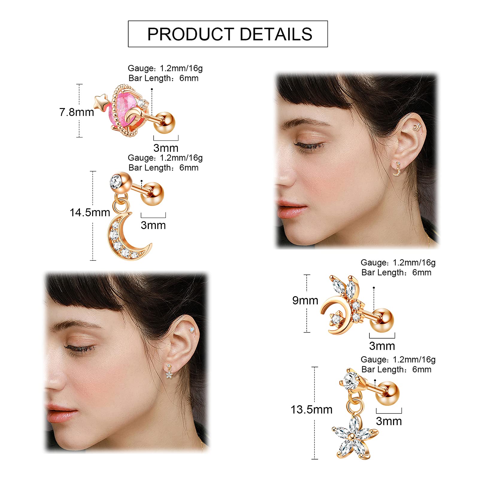 JOERICA 9Pcs Cartilage Earrings for Women 16G 316L Stainless Steel Gold Plated CZ Dangle Conch Helix Tragus Cartilage Stud Ear Piercing Jewelry