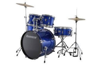 ludwig accent 5-piece complete drum set with 22 inch bass drum and wuhan cymbals - blue sparkle