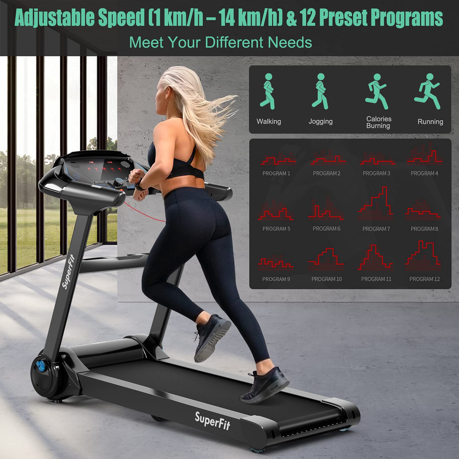 GYMAX Folding Treadmill, 2.25HP Electric Motorized Running Machine with Smart App Control, LED Touch Monitor, Heart Rate Sensor, Home Gym Cardio Training Equipment